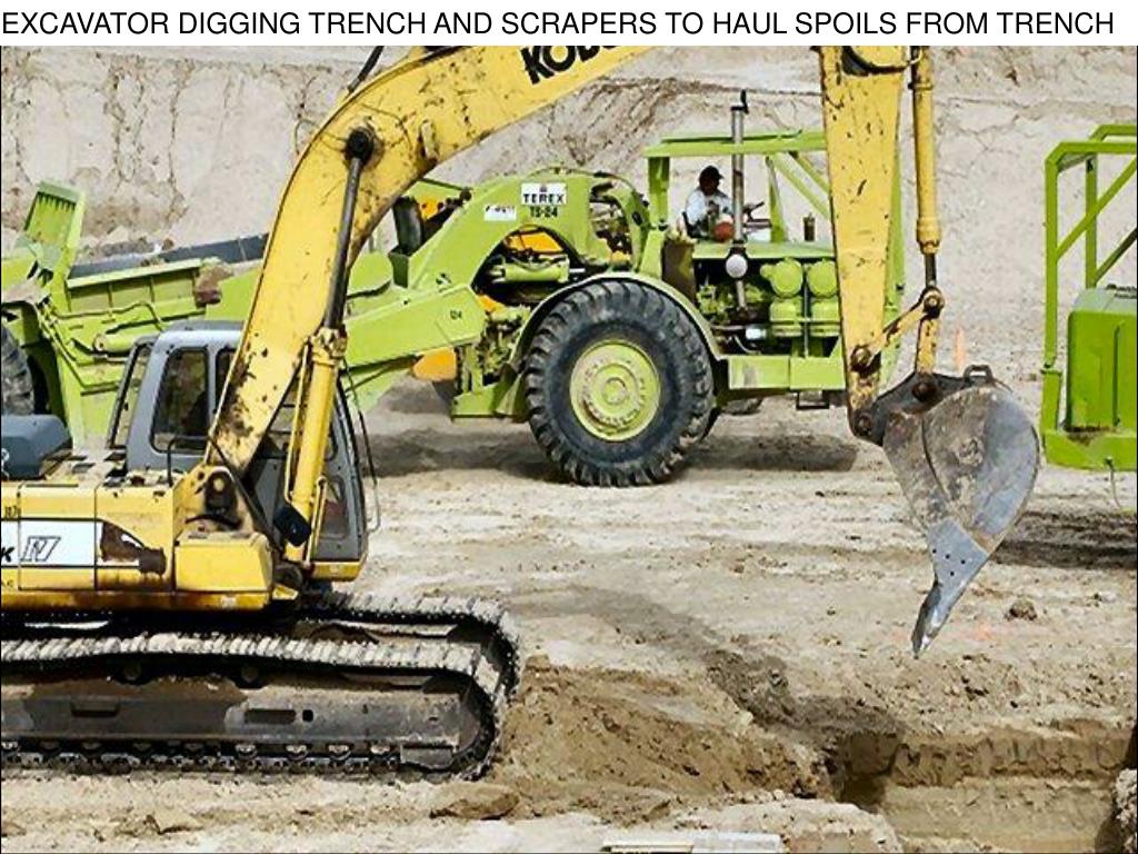 PPT - EXCAVATOR DIGGING TRENCH AND SCRAPERS TO HAUL SPOILS FROM TRENCH ...