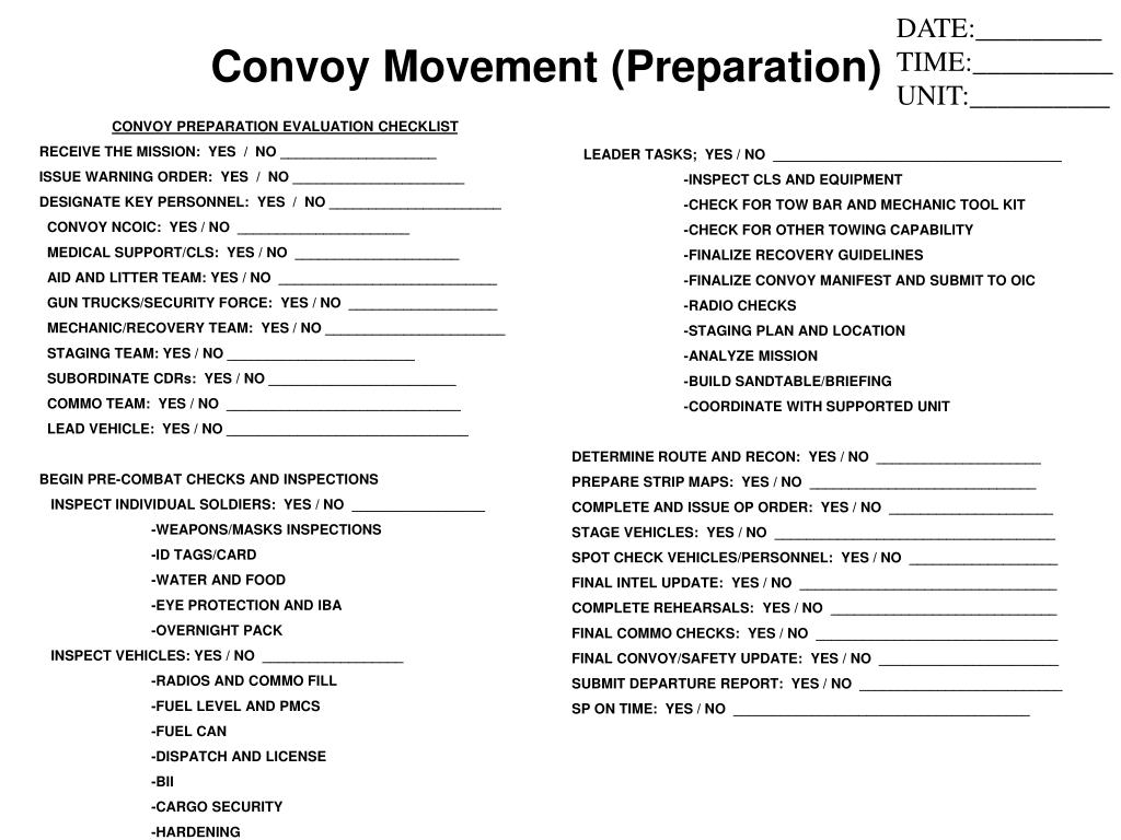 PPT - CONVOY PREPARATION EVALUATION CHECKLIST RECEIVE THE MISSION: YES ...