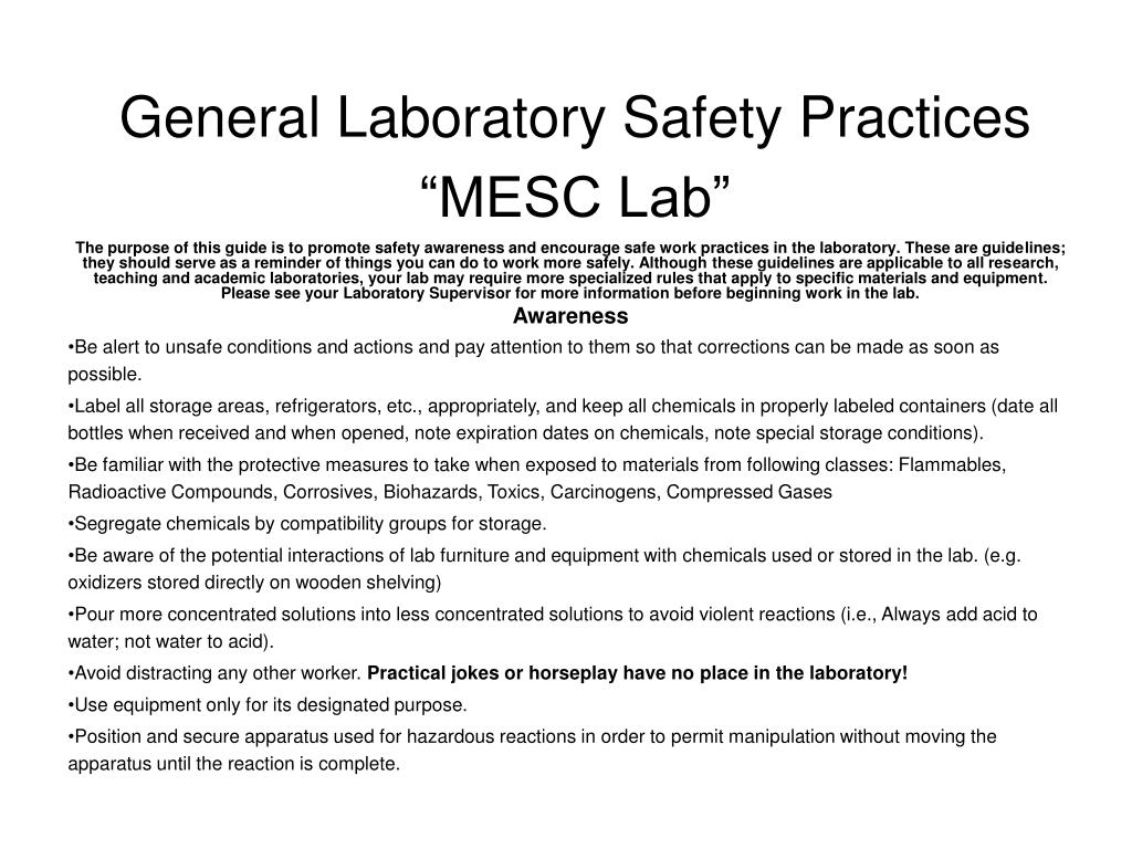 PPT - General Laboratory Safety Practices “MESC Lab” PowerPoint Presentation - ID:1341300