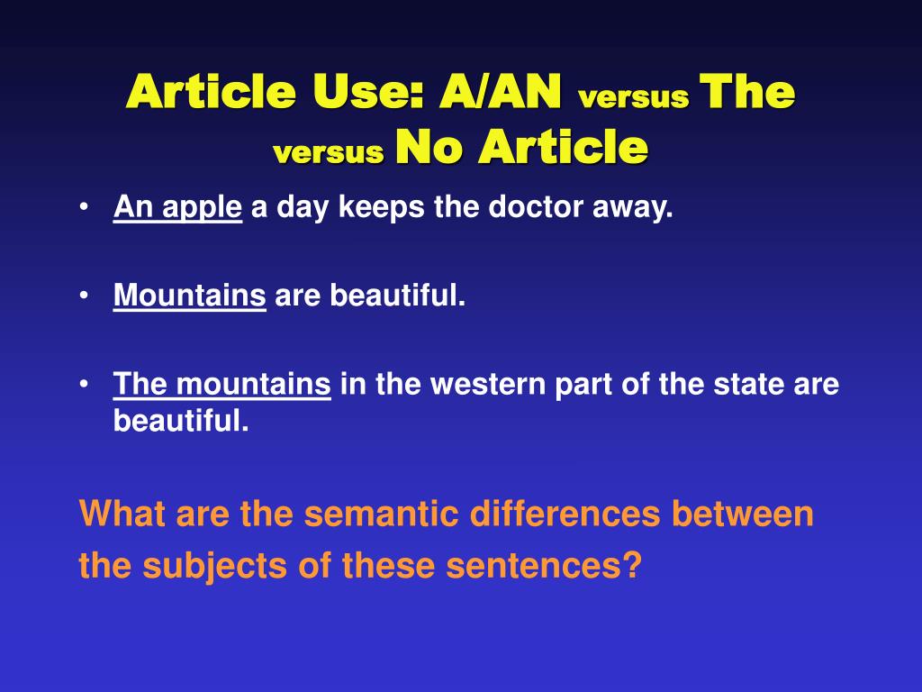 PPT - Article Use: A/AN versus The versus No Article PowerPoint ...