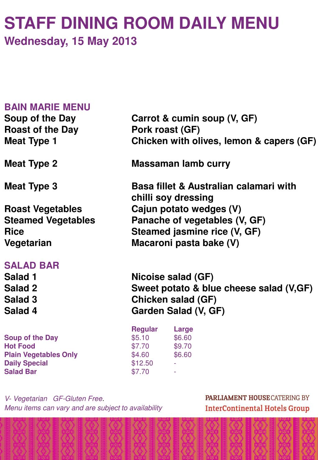 PPT - Wednesday Staff Dining Room Daily Menu - 15 May 2013 PowerPoint ...