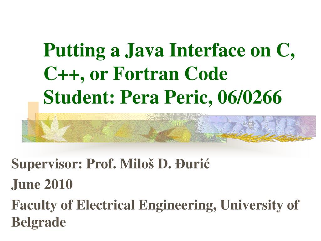 PPT - Putting a Java Interface on C, C++, or Fortran Code Student: Pera ...