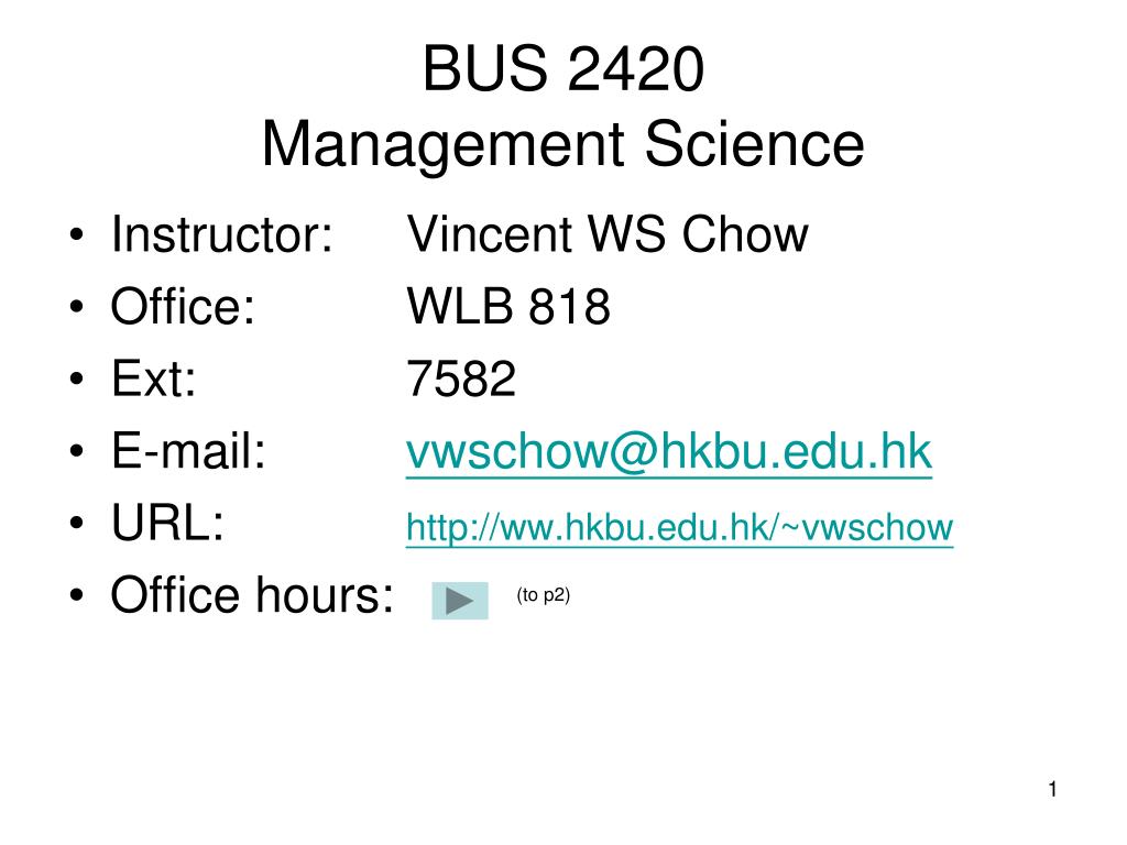 PPT - BUS 2420 Management Science PowerPoint Presentation, free ...