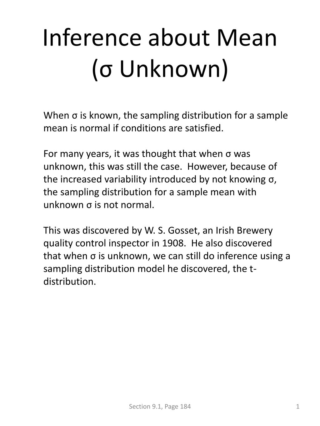 PPT - Inference about Mean (σ Unknown) PowerPoint Presentation, free ...