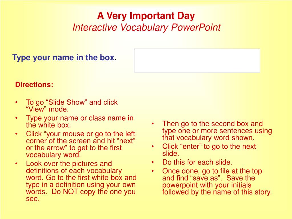 PPT - A Very Important Day Interactive Vocabulary PowerPoint PowerPoint ...