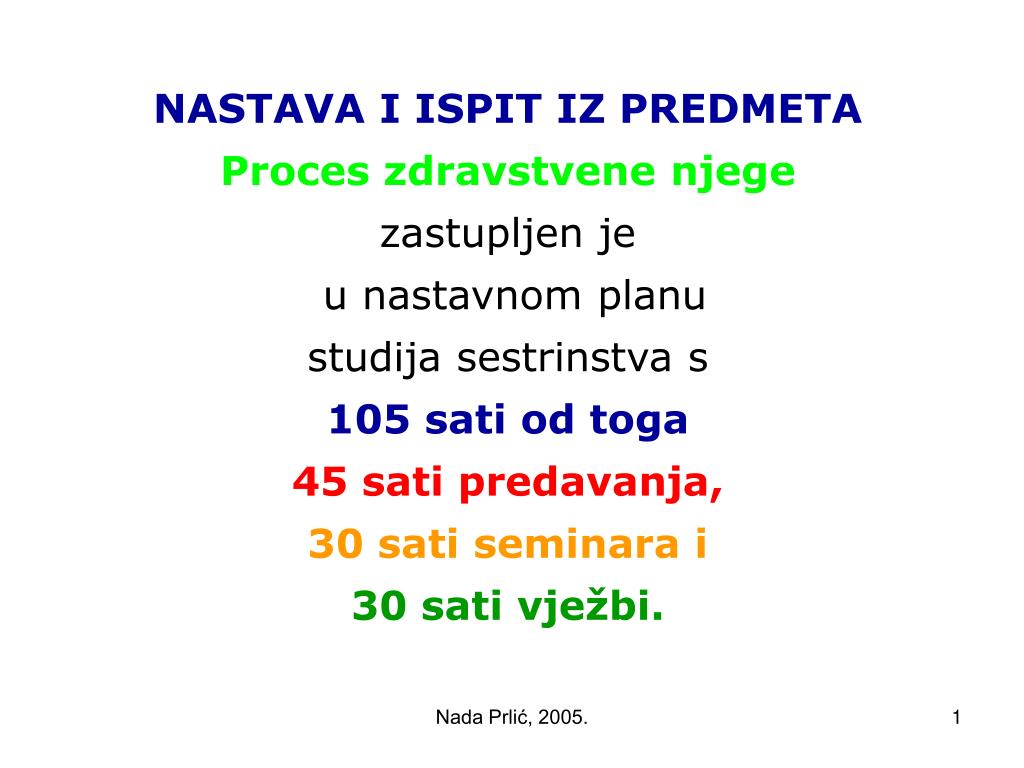 PPT - NASTAVA I ISPIT IZ PREDMETA Proces zdravstvene njege zastupljen ...