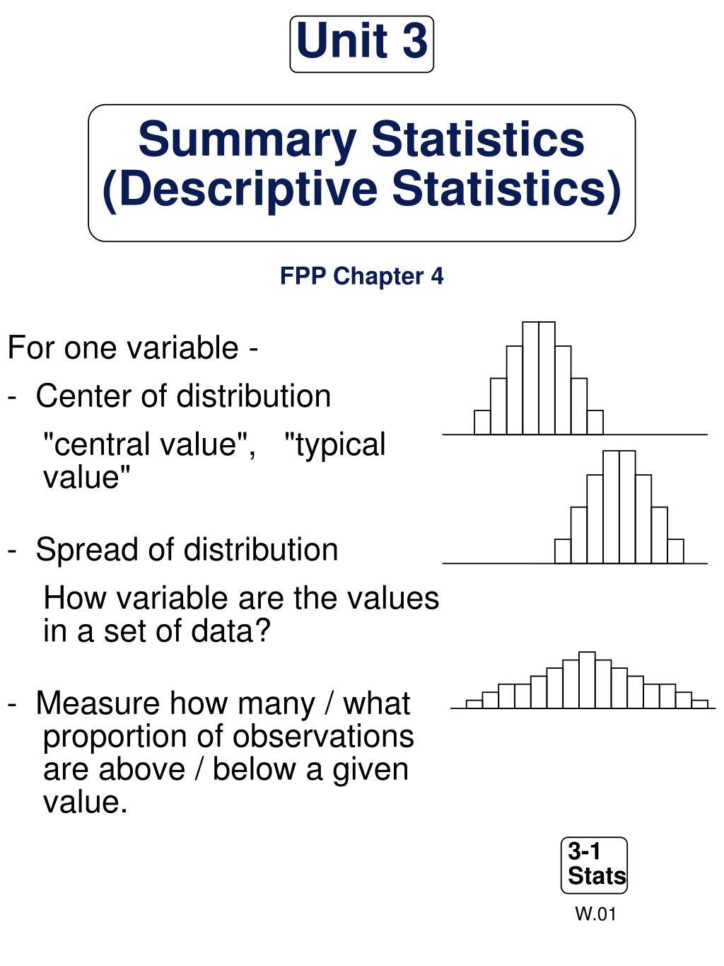 PPT - Unit 3 Summary Statistics (Descriptive Statistics) FPP Chapter 4 ...