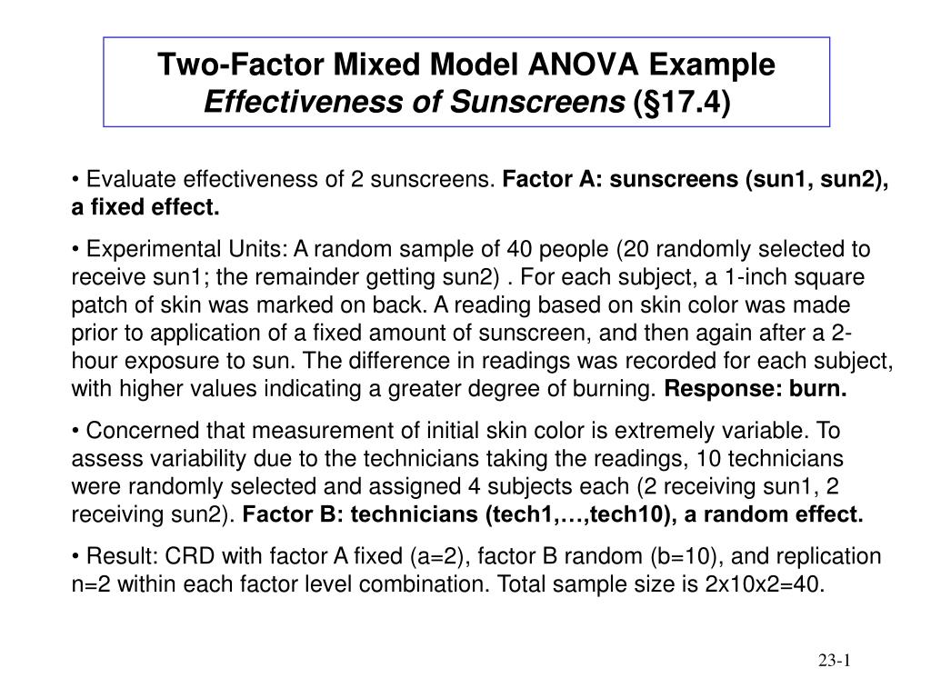 PPT - Two-Factor Mixed Model ANOVA Example Effectiveness of Sunscreens ...