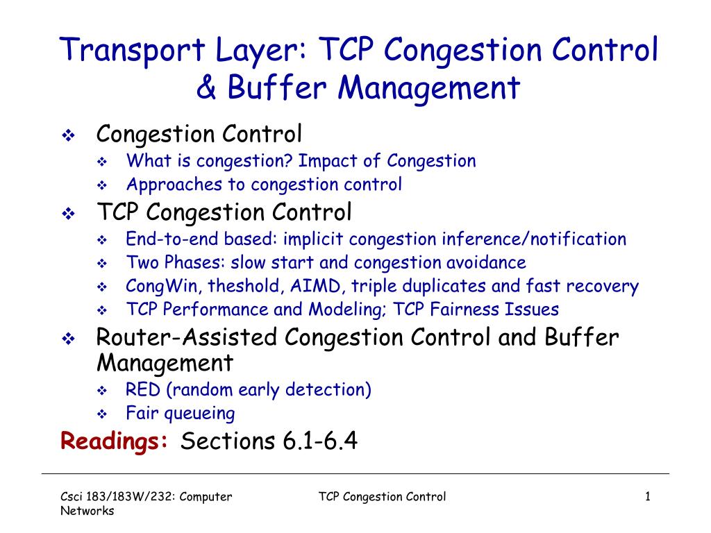 PPT - Transport Layer: TCP Congestion Control & Buffer Management ...